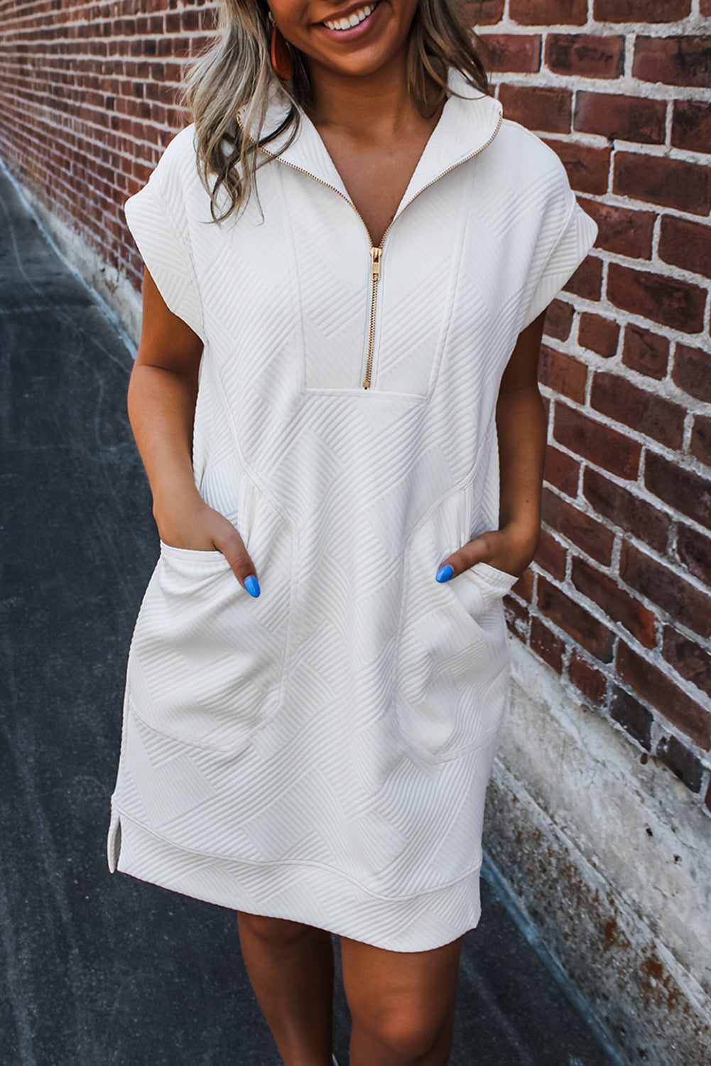White Textured Half Zip Collared Cap Sleeve Mini Dress – Three Chic ...